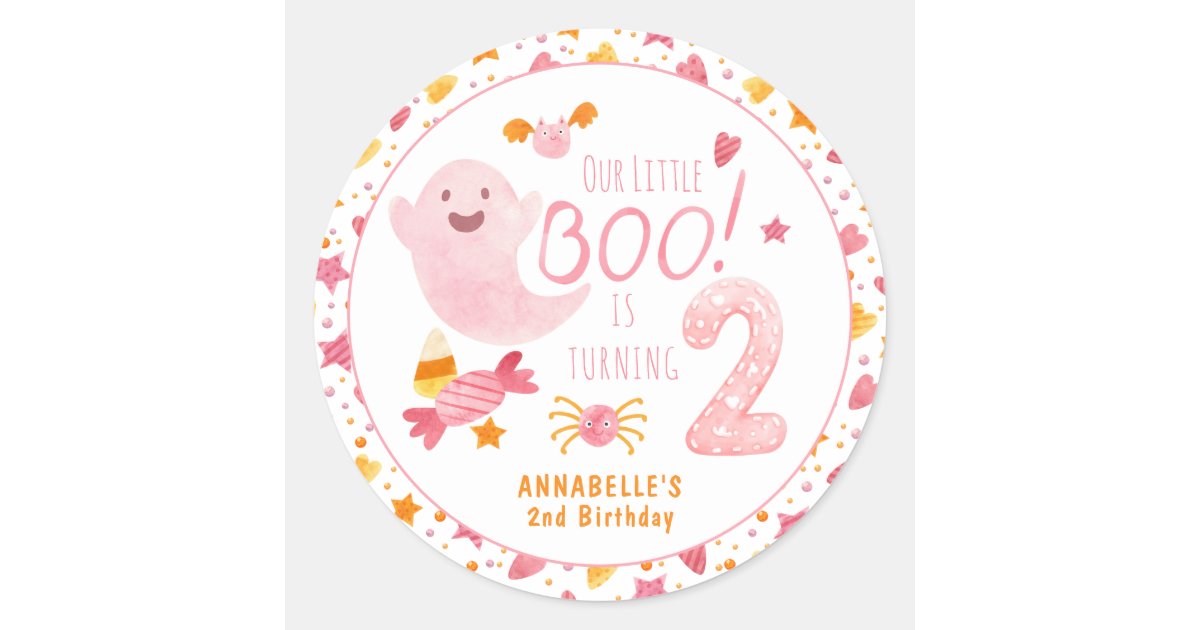 Pink Ghost Little Boo Turning Two 2nd Birthday Classic Round Sticker ...