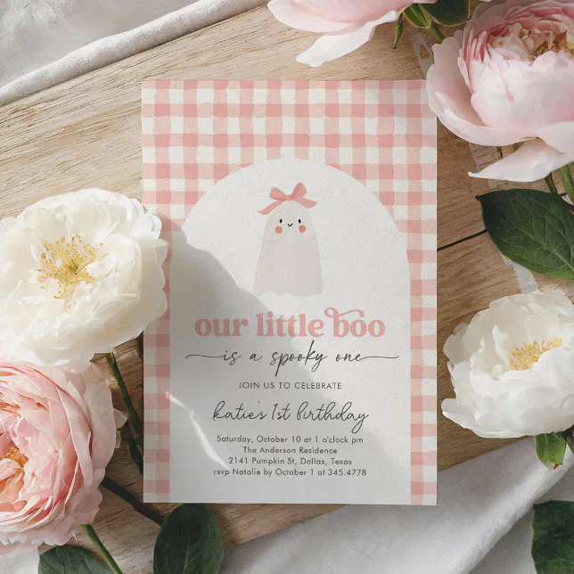 Pink Gingham Little Boo Ghost 1st Birthday Invitation | Zazzle