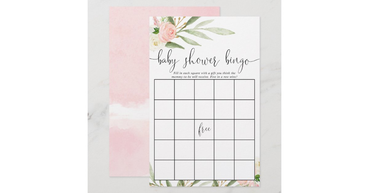 Pink gold greenery floral baby shower bingo cards | Zazzle