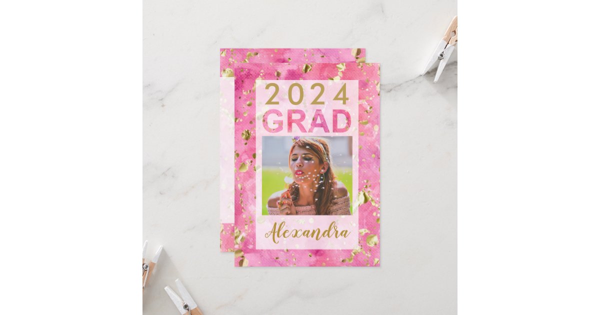 Pink Gold Watercolor Art 2024 Photo Graduation Inv Invitation | Zazzle