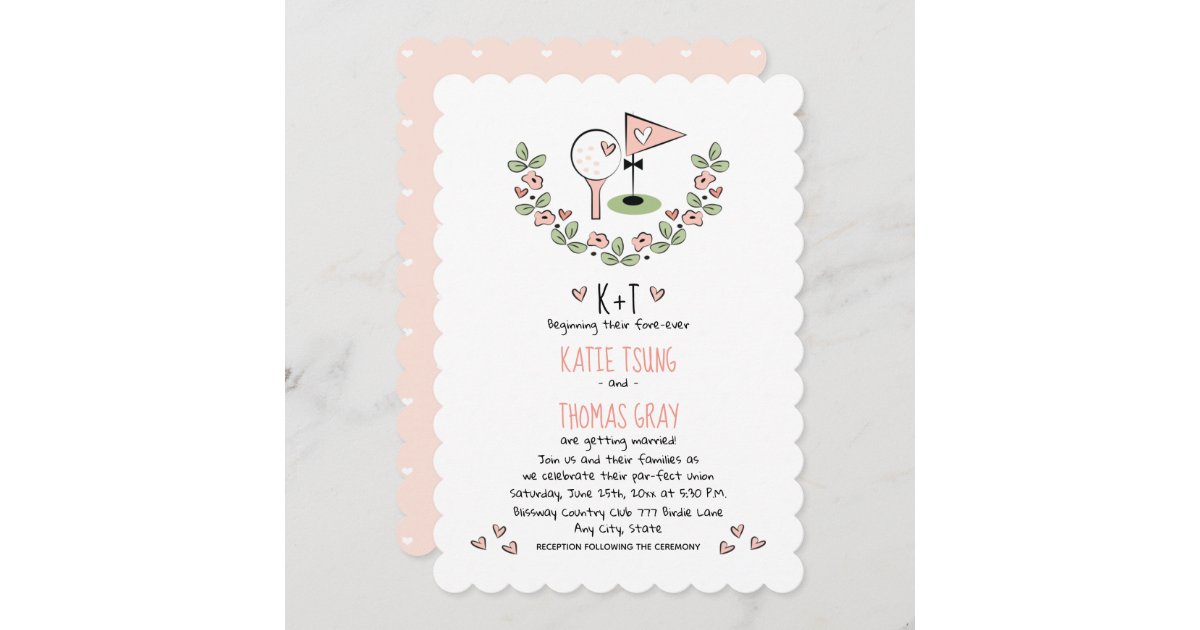 Pink Golf Themed Floral and Hearts Wedding Invitation | Zazzle