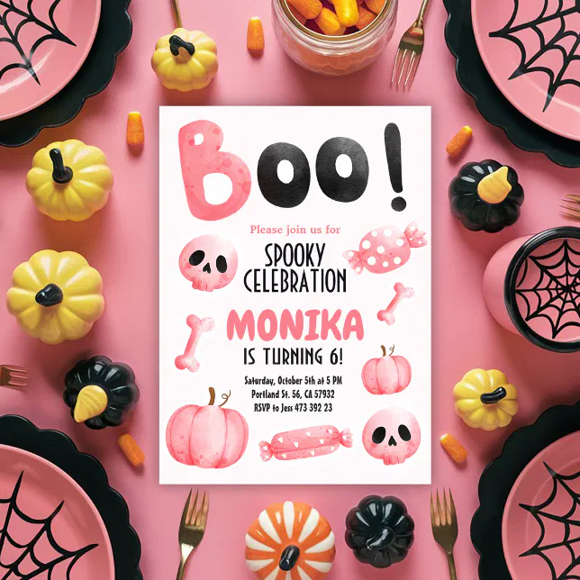 Pink Halloween Girl Spooky Birthday Party Invitation | Zazzle