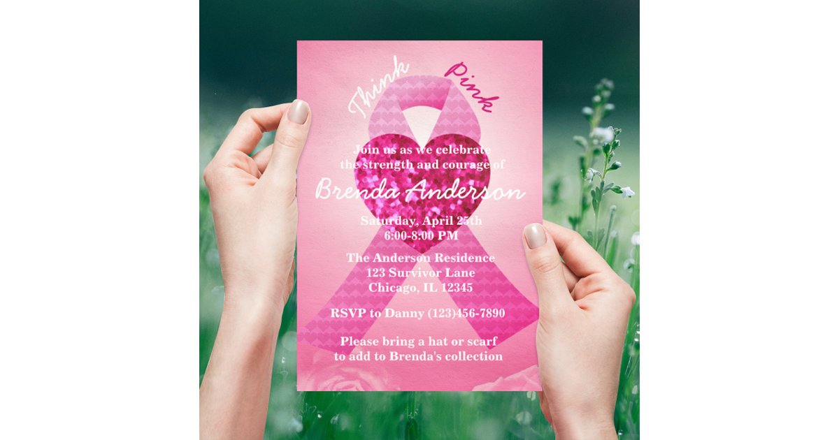 Pink Heart Ribbon Breast Cancer Awareness Party Invitation | Zazzle