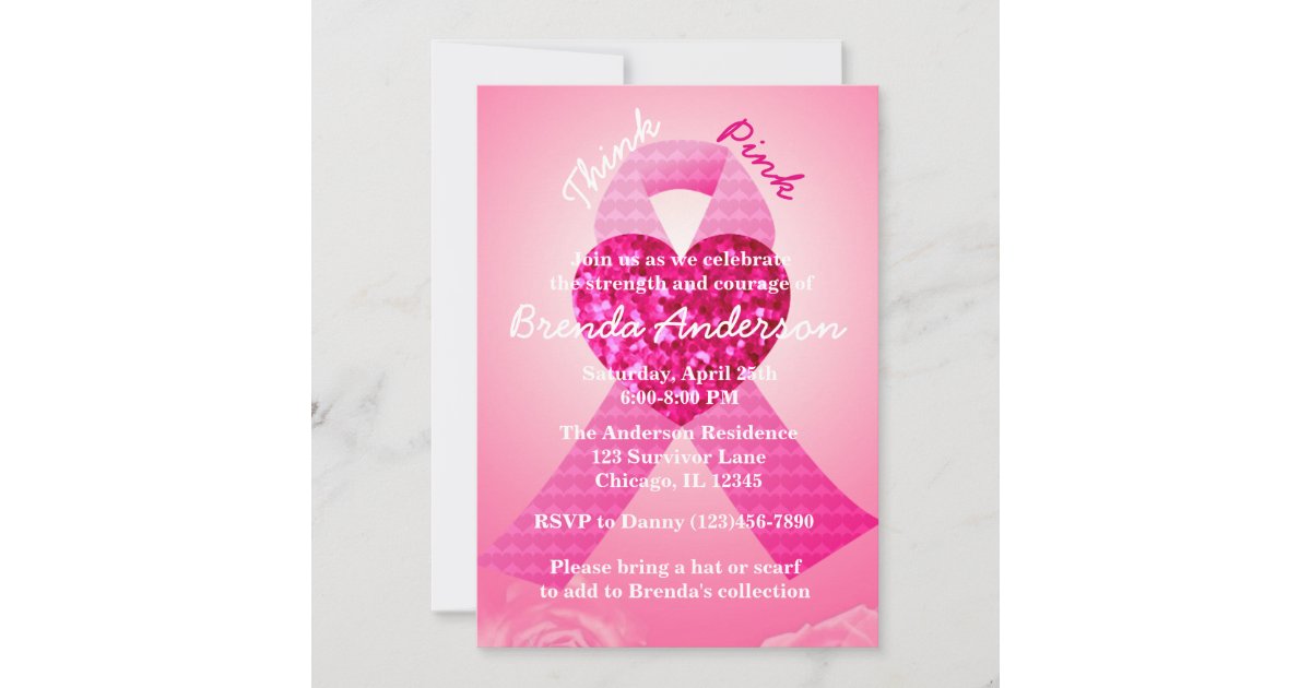 Pink Heart Ribbon Breast Cancer Awareness Party Invitation | Zazzle