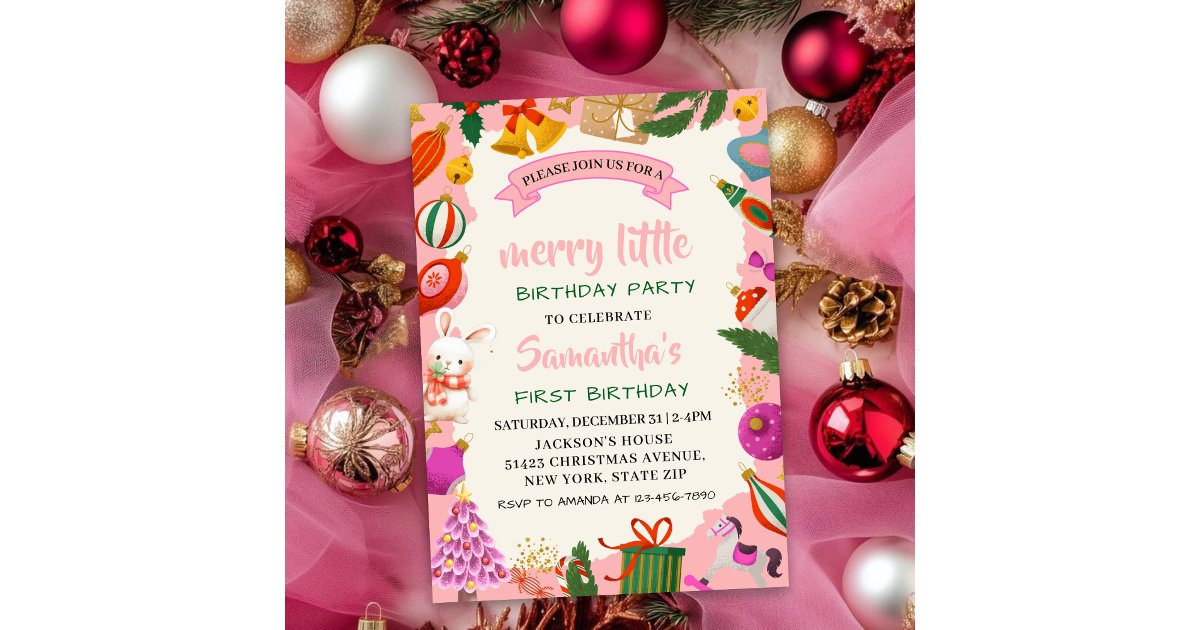 Pink holiday Christmas 1st Birthday party Invitation | Zazzle