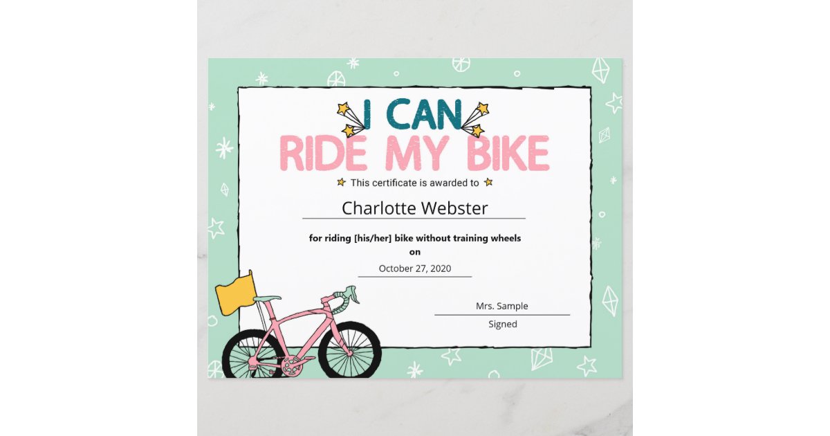 Pink I can Ride My Bike Milestone Certificate | Zazzle