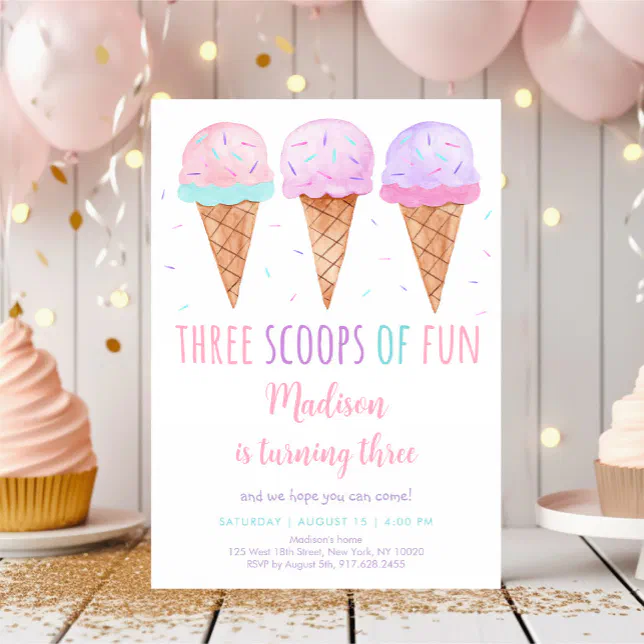 Pink Ice Cream Three Scoops of Fun Birthday Invitation | Zazzle
