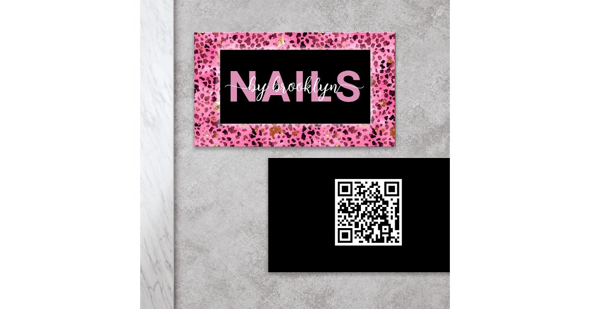 Pink Leopard Print Nails By QR Code Nail Tech Business Card | Zazzle