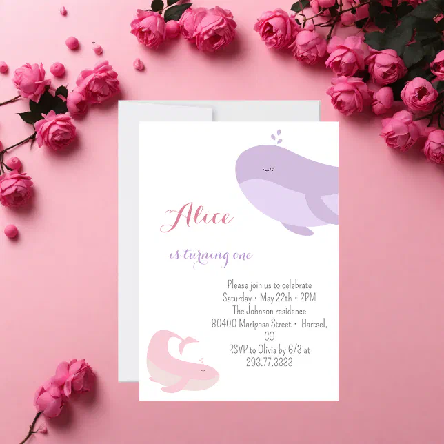 Pink Lilac Whale Sea Fish 1st Birthday Party Invitation | Zazzle