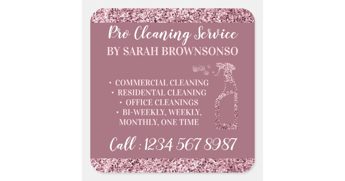 Pink Maid Janitorial sparkle glitter Cleaning Square Sticker | Zazzle