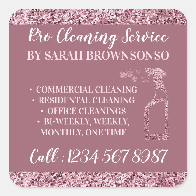 Pink Maid Janitorial sparkle glitter Cleaning Square Sticker | Zazzle