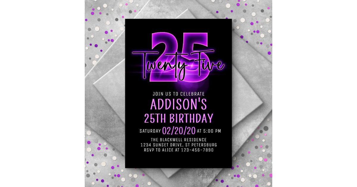 Pink Neon 25th Birthday Invitation | Zazzle