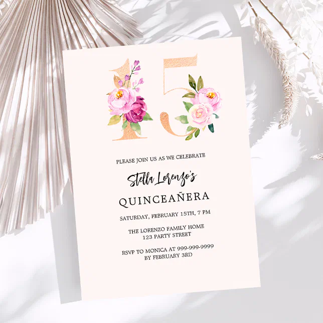 Pink peach floral numbers gold Quinceanera luxury Invitation | Zazzle