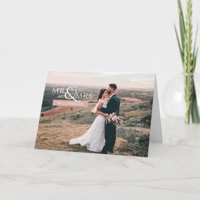 Pink Personalised Mr & Mrs Monogram Wedding Photo Thank You Card | Zazzle