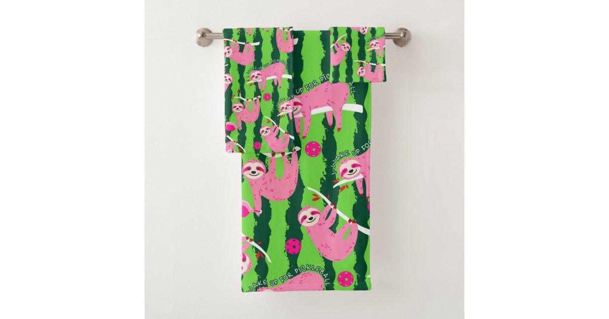 Pink pickleball sloths 殮 bath towel set | Zazzle
