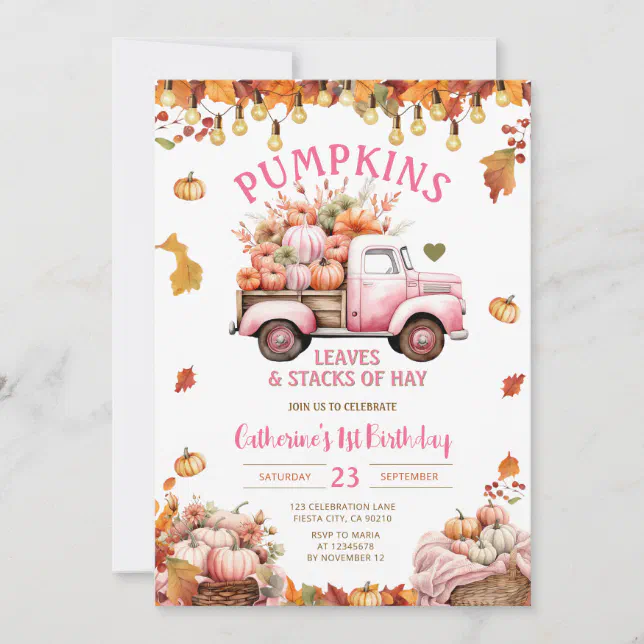 Pink Pumpkins Leaves and Stacks of Hay Birthday Invitation | Zazzle
