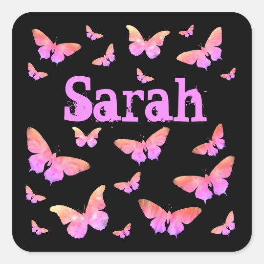 Pink & Purple Artsy Butterfly Art Sarah Girls Name Square Sticker ...