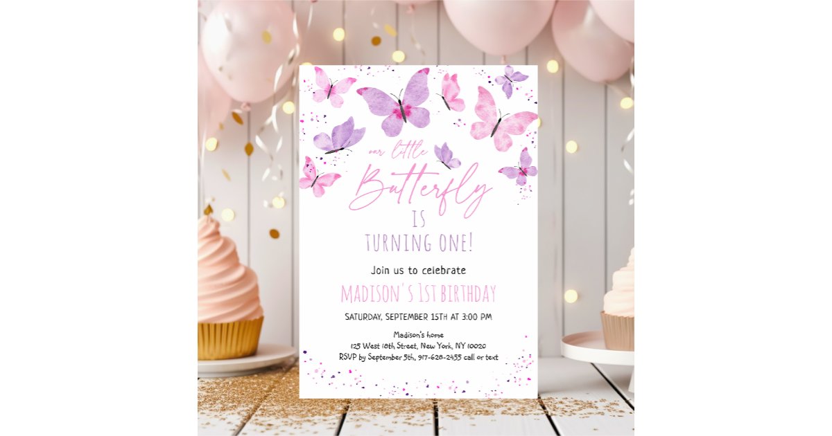 Pink Purple Butterfly Birthday Invitation | Zazzle