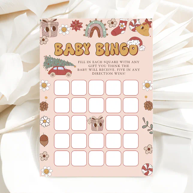 Pink Retro Groovy Christmas Baby Shower Bingo Game Invitation | Zazzle