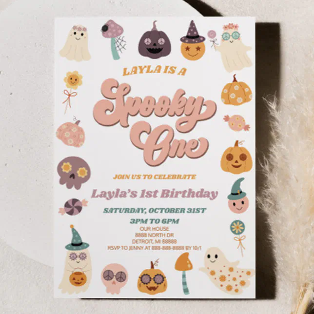 Pink Retro Halloween Spooky One 1st Birthday Party Invitation | Zazzle