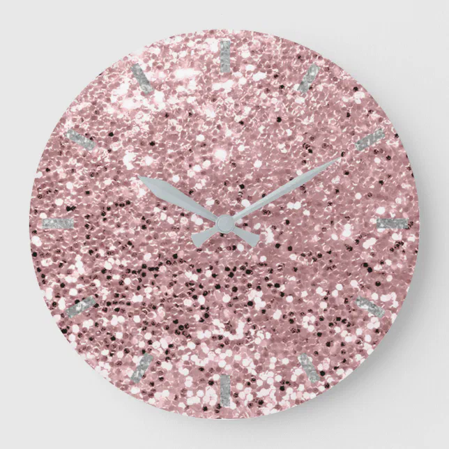 Pink Rose Blush Sparkly Faux Glitter Grey Large Clock | Zazzle