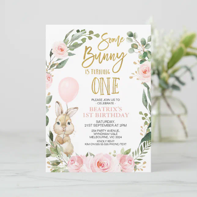 Pink Roses Some Bunny Turning One 1st Birthday Invitation | Zazzle
