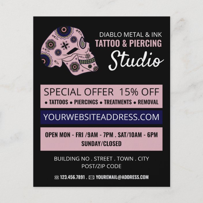 Pink Skull Tattoo, Tattoo & Body Piercing Studio Flyer | Zazzle.co.uk