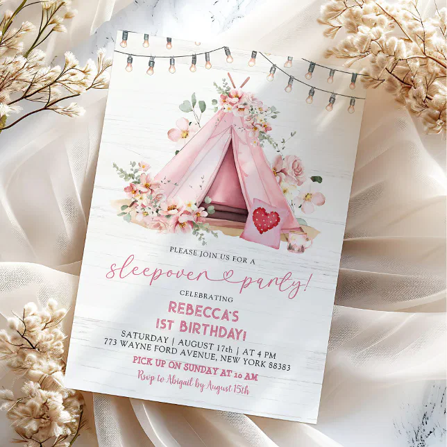 Pink Teepee Sleepover Tent Outdoor Birthday Invitation | Zazzle