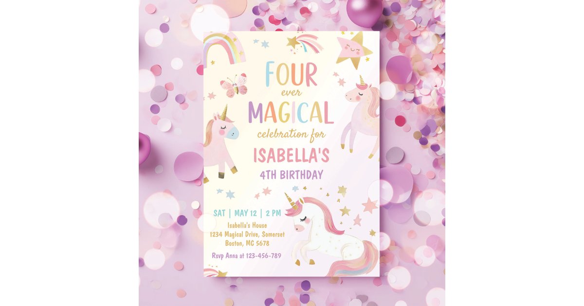 Pink Unicorn Four Ever Magical Birthday Invitation | Zazzle