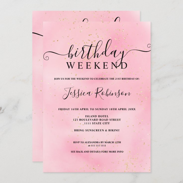 Pink watercolor gold glitter birthday program invitation | Zazzle