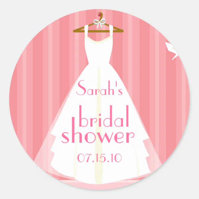 Pink Wedding Dress Bridal Shower Classic Round Sticker | Zazzle