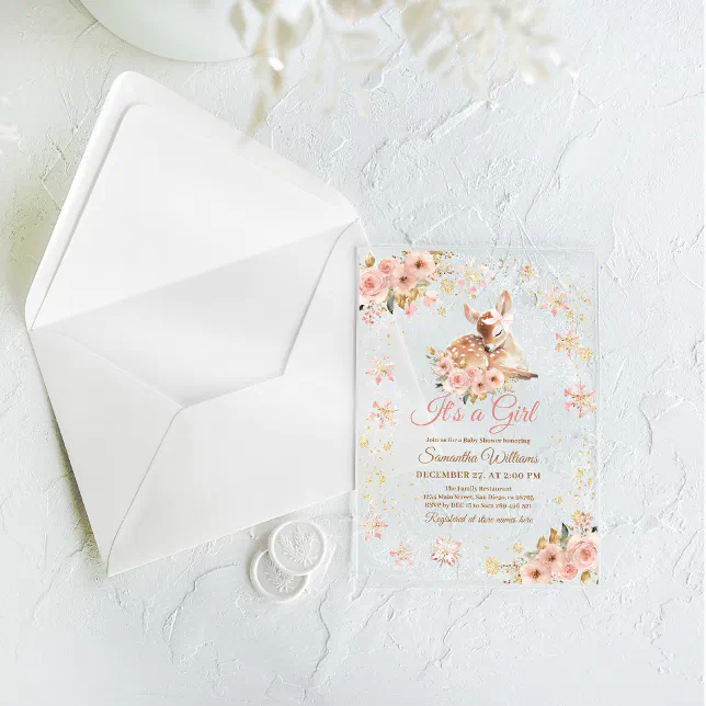 Pink Winter Deer Its a Girl Baby Shower Acrylic Invitations | Zazzle