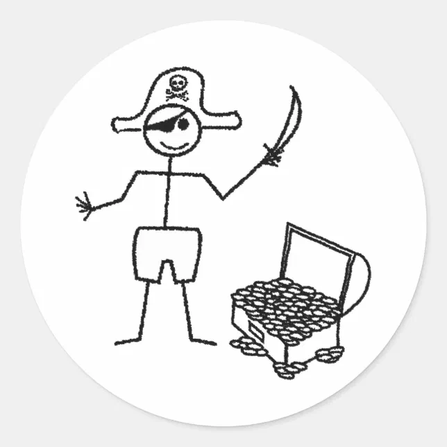 Pirate Stickman With Treasure Chest Classic Round Sticker | Zazzle