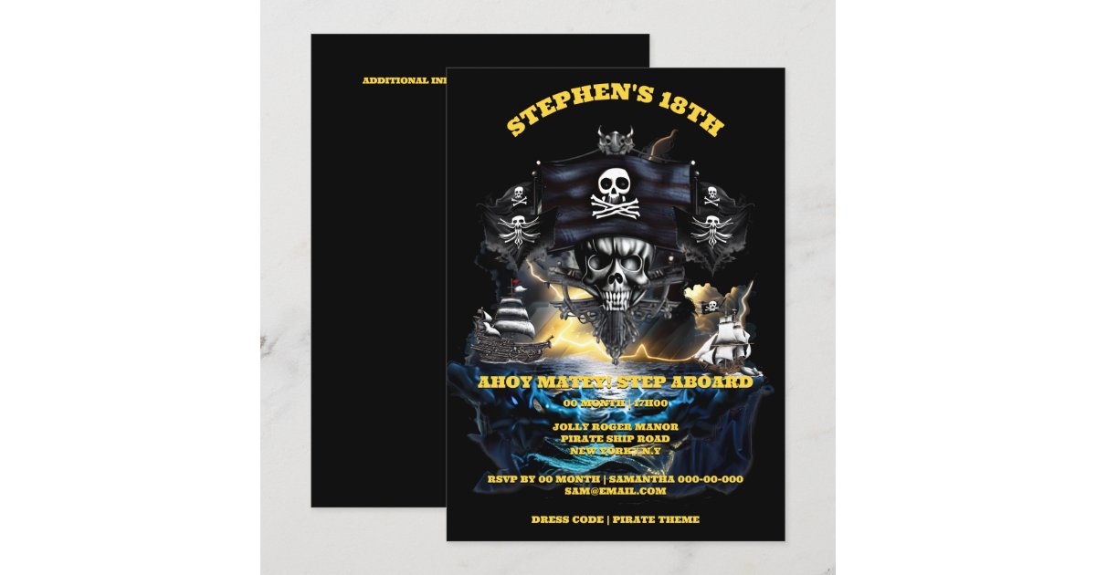 Pirate theme jolly roger ahoy matey skull party invitation | Zazzle