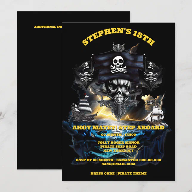 Pirate theme jolly roger ahoy matey skull party invitation | Zazzle