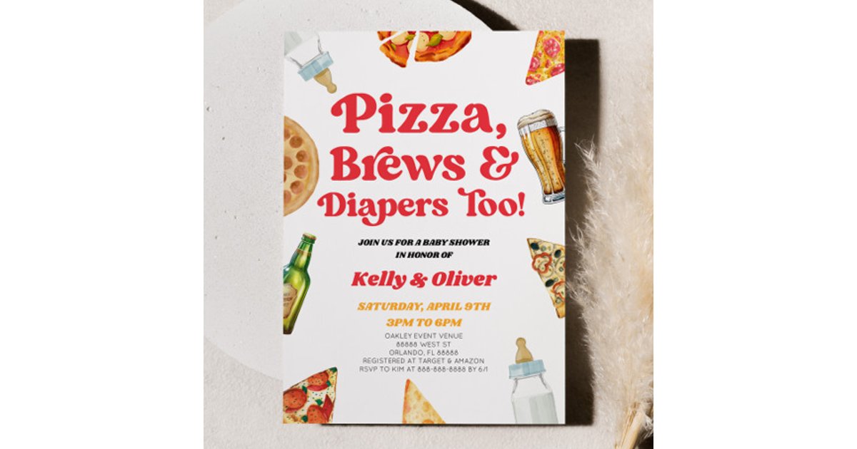 Pizza Brews and Diapers Too! Baby Shower Invitation | Zazzle