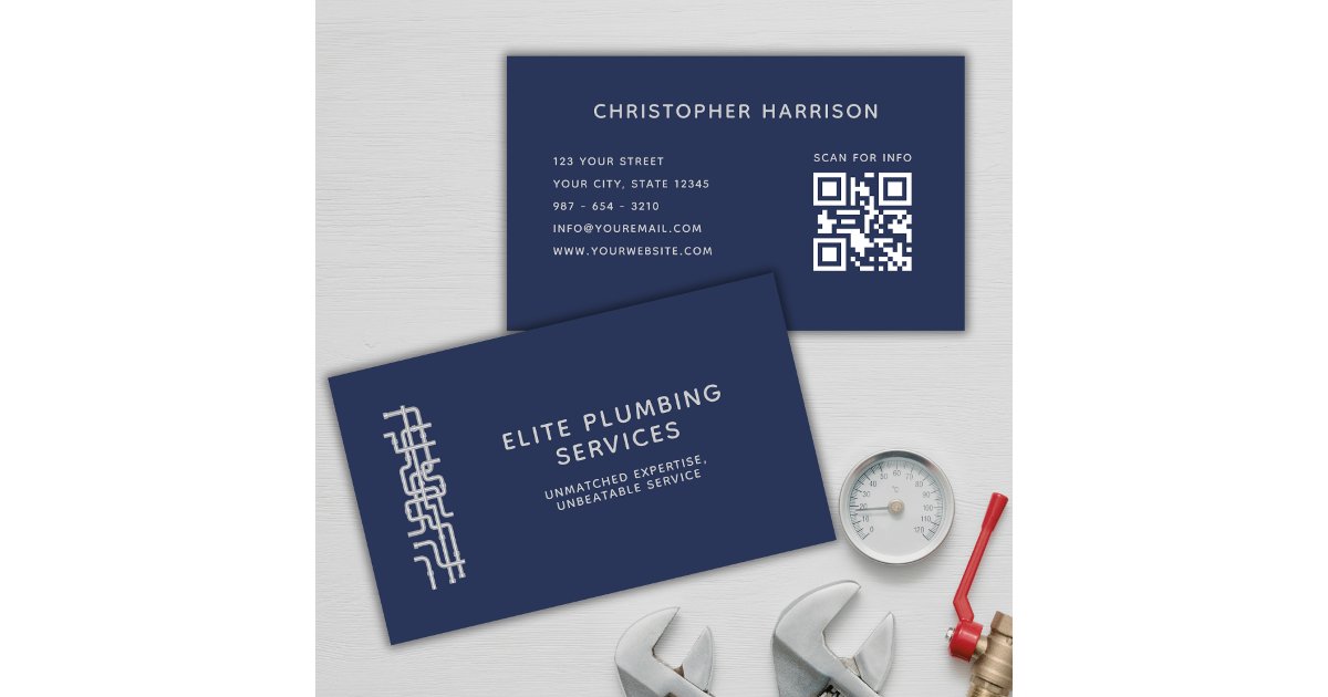 Plumbing Service Water Pipes QR Code Navy Modern Business Card | Zazzle