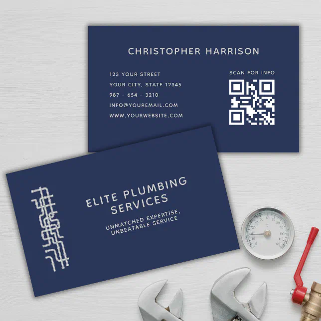 Plumbing Service Water Pipes QR Code Navy Modern Business Card | Zazzle