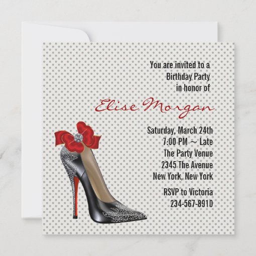 Polka Dot Red Black High Heel Shoe Birthday Party Invitation | Zazzle