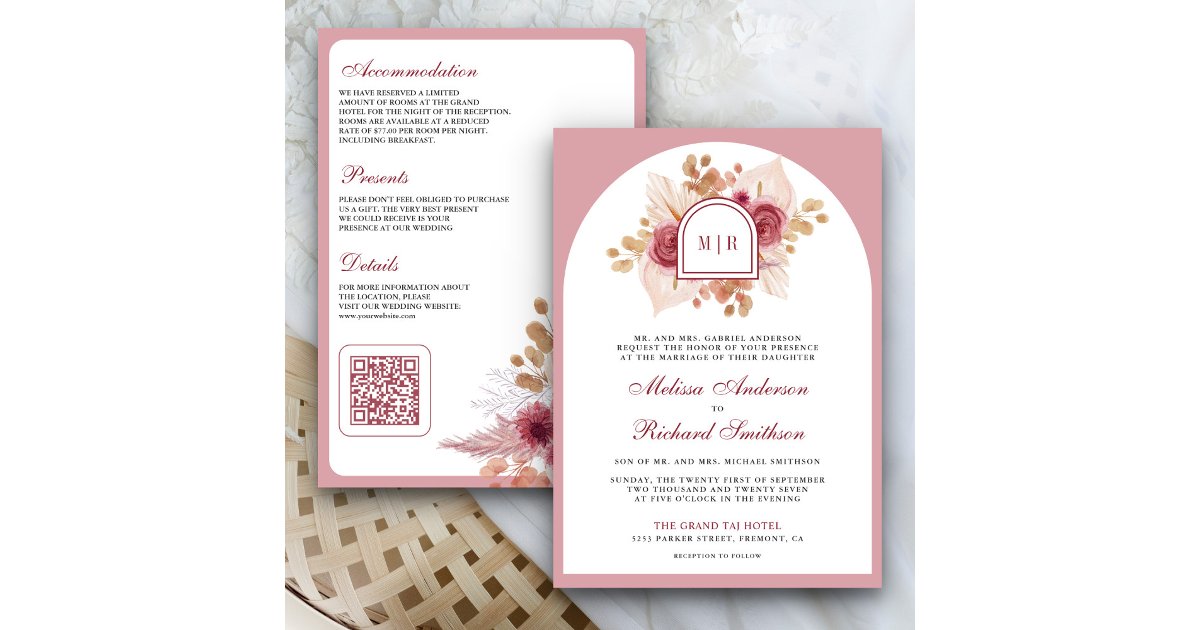 Pomegranate Pink Floral Pampas QR Code Wedding Invitation | Zazzle