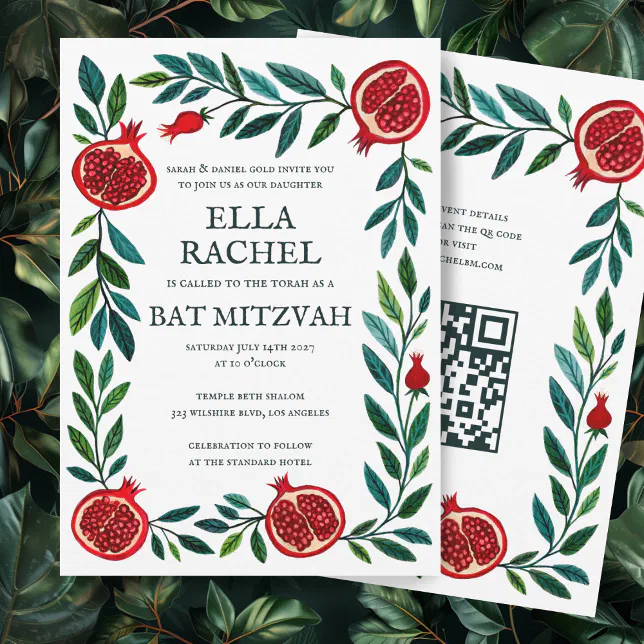 Pomegranates Custom B'nai Bat Bar Mitzvah QR Code Invitation | Zazzle