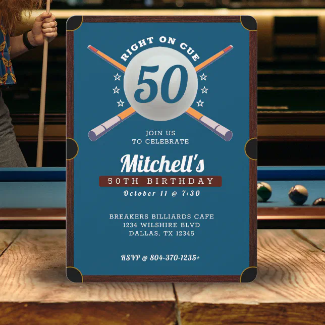 Pool Billiards 50th Birthday Party Blue Invitation | Zazzle