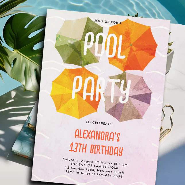 Pool Birthday Party Vintage Umbrellas Teen Tween Invitation | Zazzle