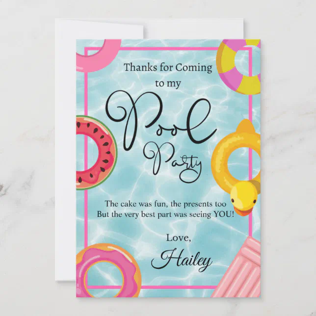 Pool Floatie Birthday Party Thank You Card | Zazzle