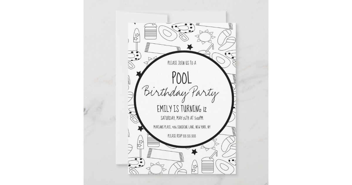 Pool Party Black White Colour Pattern Invitation | Zazzle