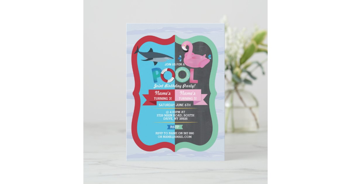 Pool Party Shark Flamingo Joint Boy girl Birthday Invitation | Zazzle