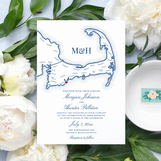 Popponesset Inn Cape Cod Map Elegant Wedding Invitation | Zazzle