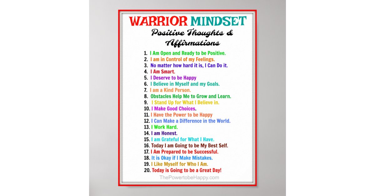 Positive Affirmations Poster - Warrior Mindset | Zazzle