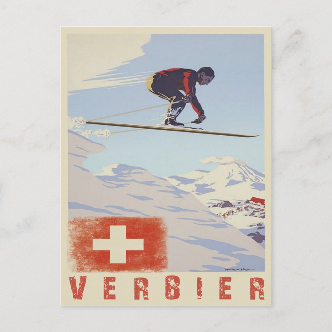 Postcard with Switzerland Vintage Ski Print | Zazzle