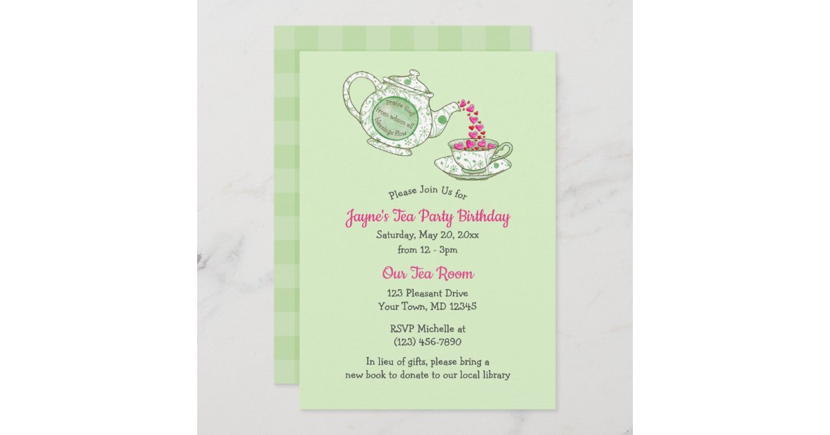 Praise God Green Teapot with Scripture Tea Party Invitation | Zazzle